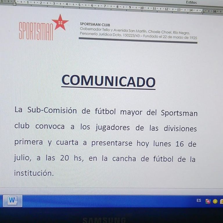 Sportsman convoca a sus planteles de 1ra y 4ta División para hoy lunes ...